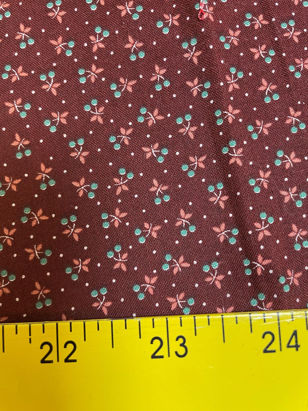 Deep Red Calico Fabric With Light Red Leaves,green Cherries 100% Cotton ...
