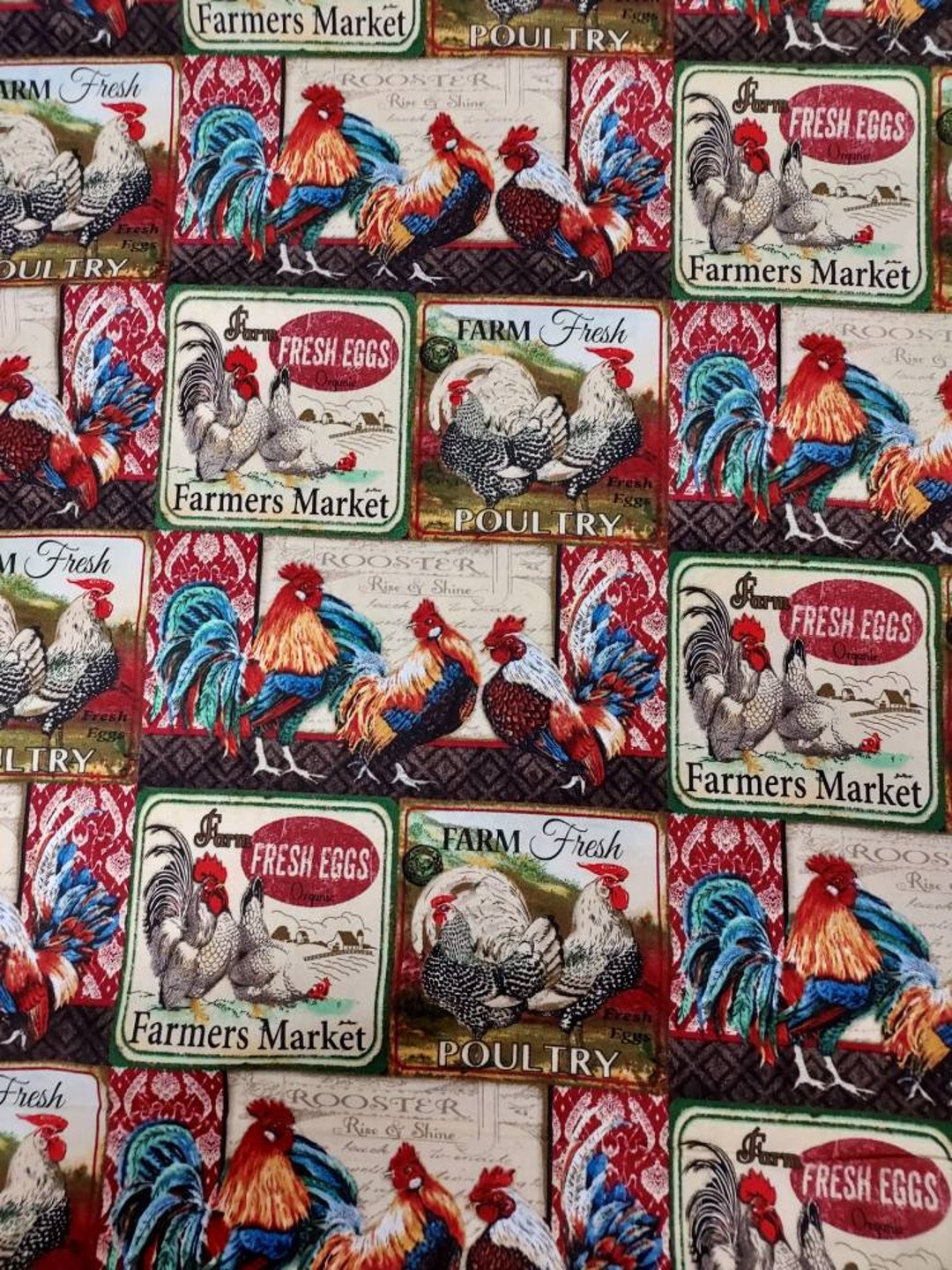 Country Roosters Farmers Market Fabric 100% Cotton for Clothing ,crafts ...