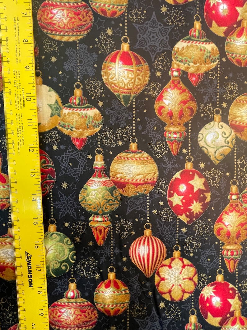 Metallic Christmas Fabric: Robert Kaufman Black Ornaments - Quilting ...