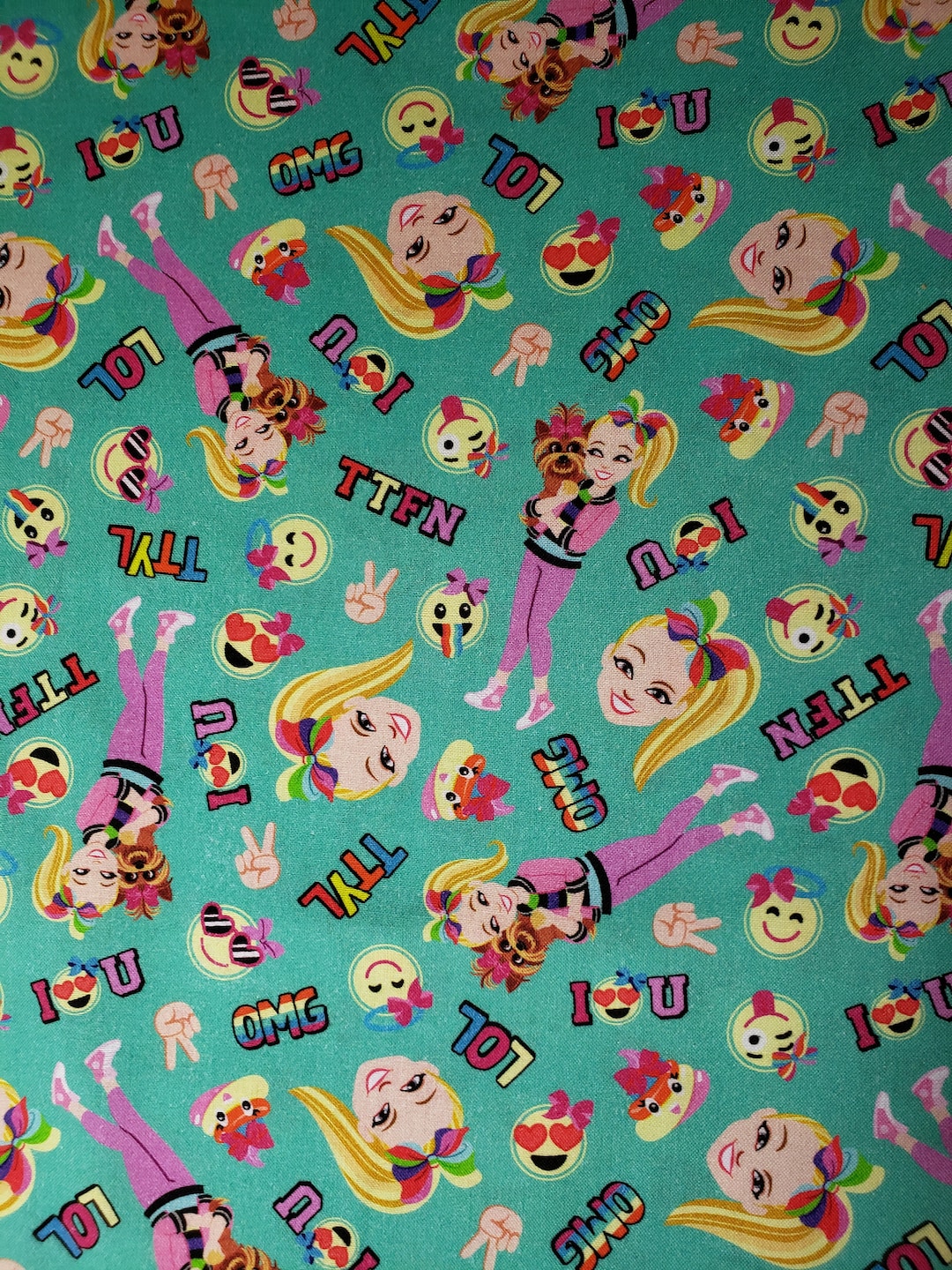 Nickelodeon Jojo Siwa Emoji Toss on Teal Fabric Yard 100% Cotton for ...