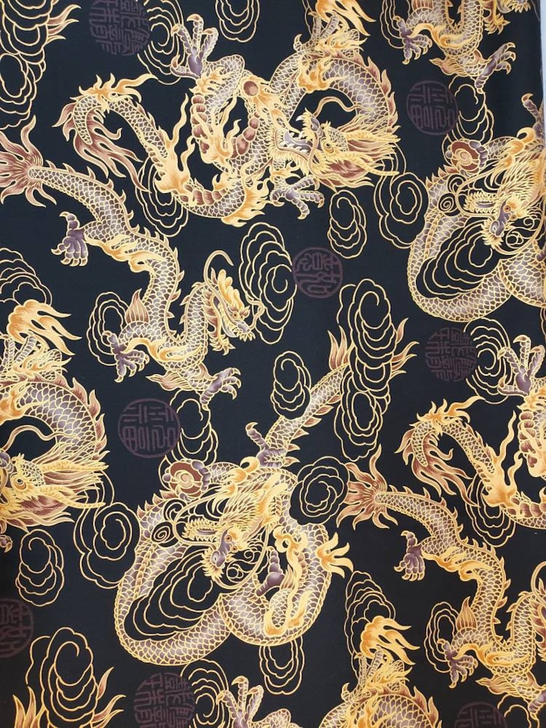 Golden Dragon Fabric: Asian-inspired Black Cotton for Crafts & Quilting ...