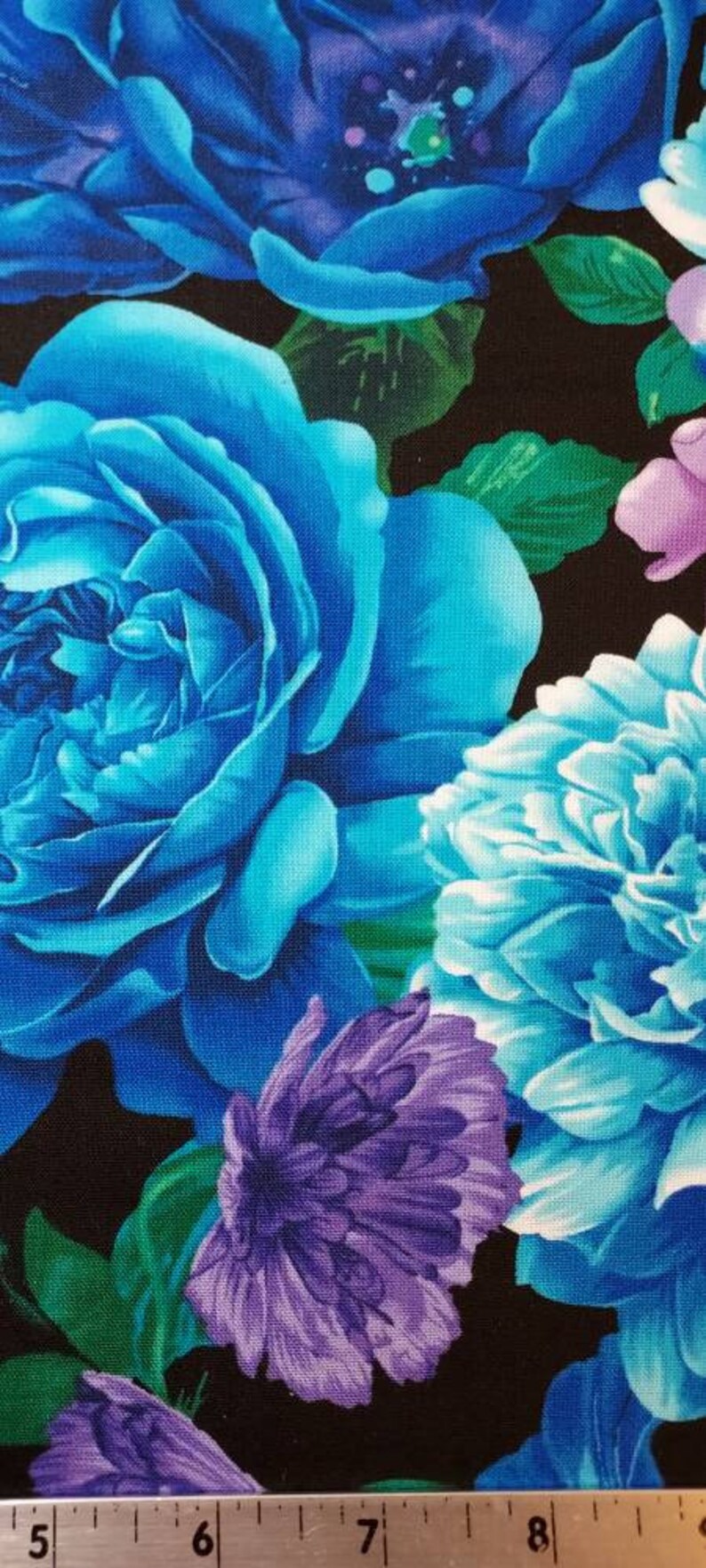 Blue Purple Floral on Black Print Fabric 100% Cotton for - Etsy