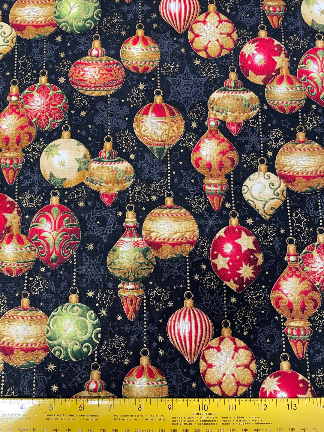 Metallic Christmas Fabric: Robert Kaufman Black Ornaments - Quilting ...