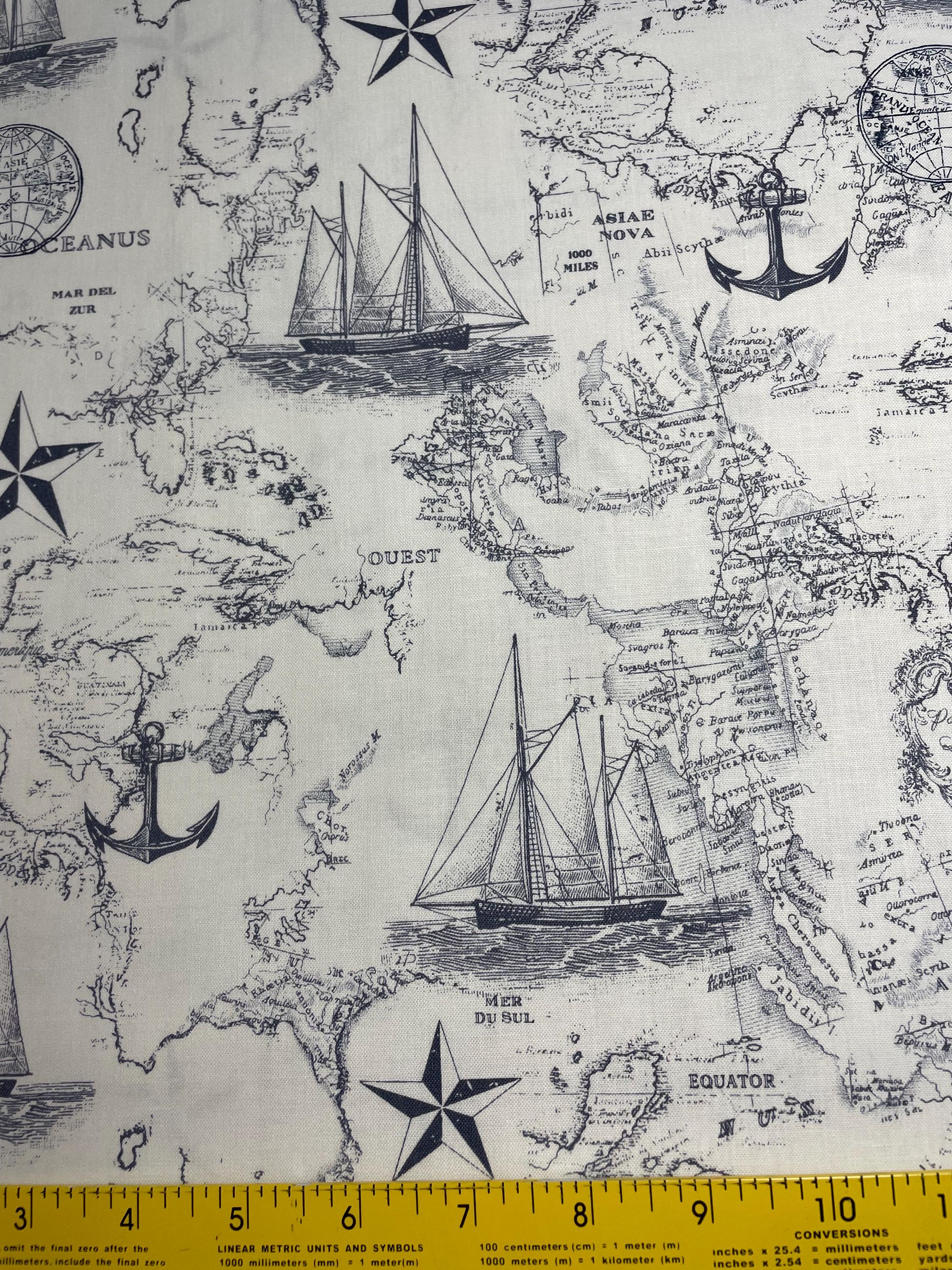 Nautical Map Fabric: White Cotton With Boats & Anchors - Etsy