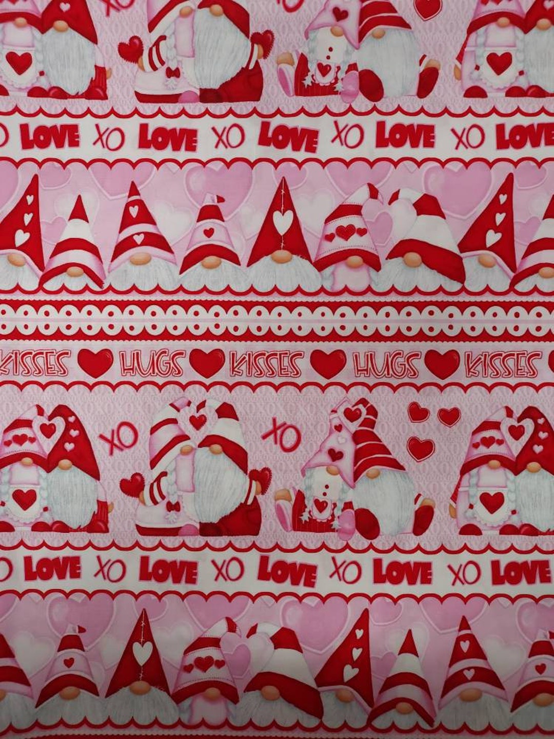 HUGGING GNOMES Love by Shelly Comiskey Stripe Pink/red for Henry Glass ...