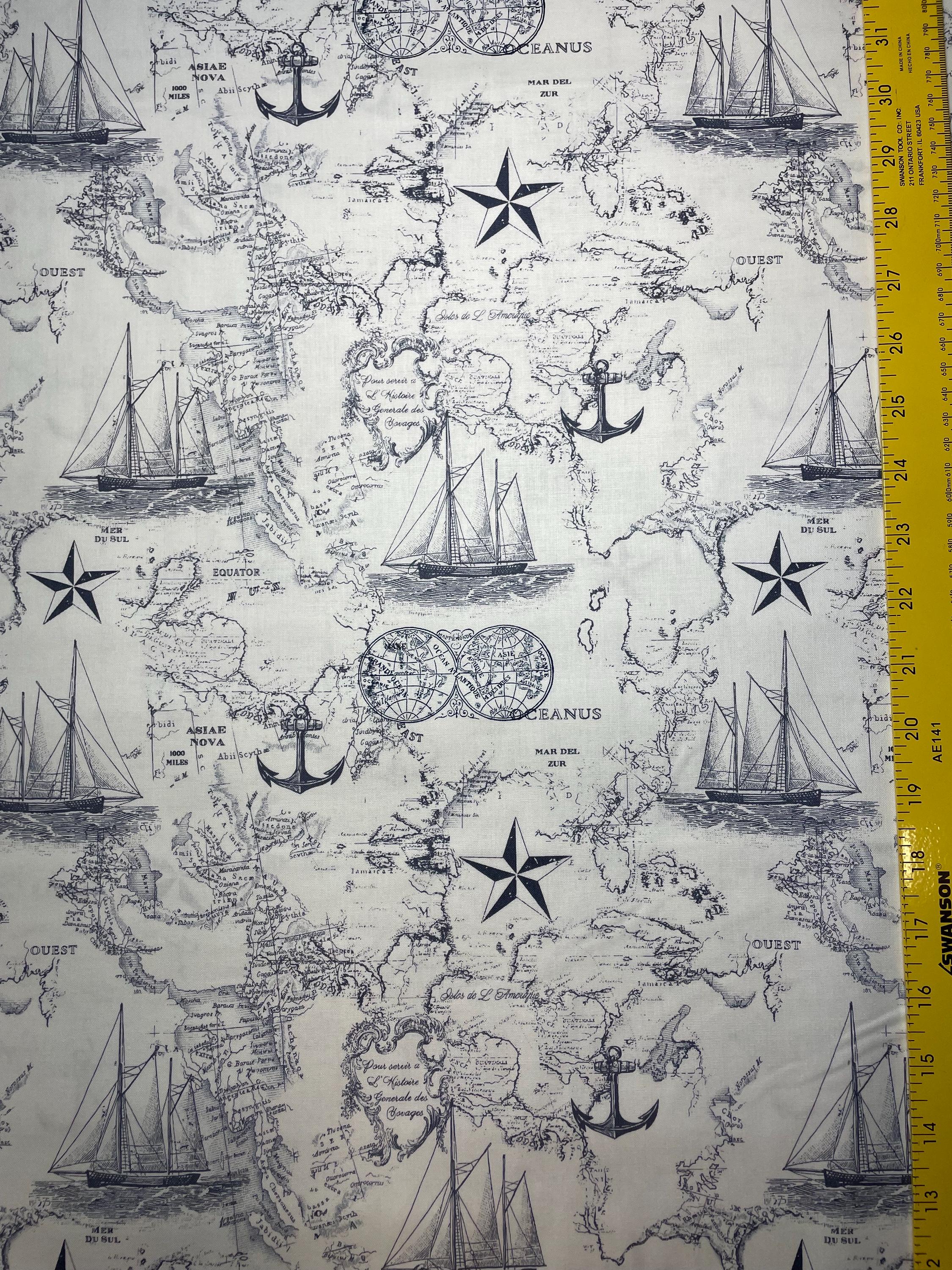 Nautical Map Fabric: White Cotton With Boats & Anchors - Etsy