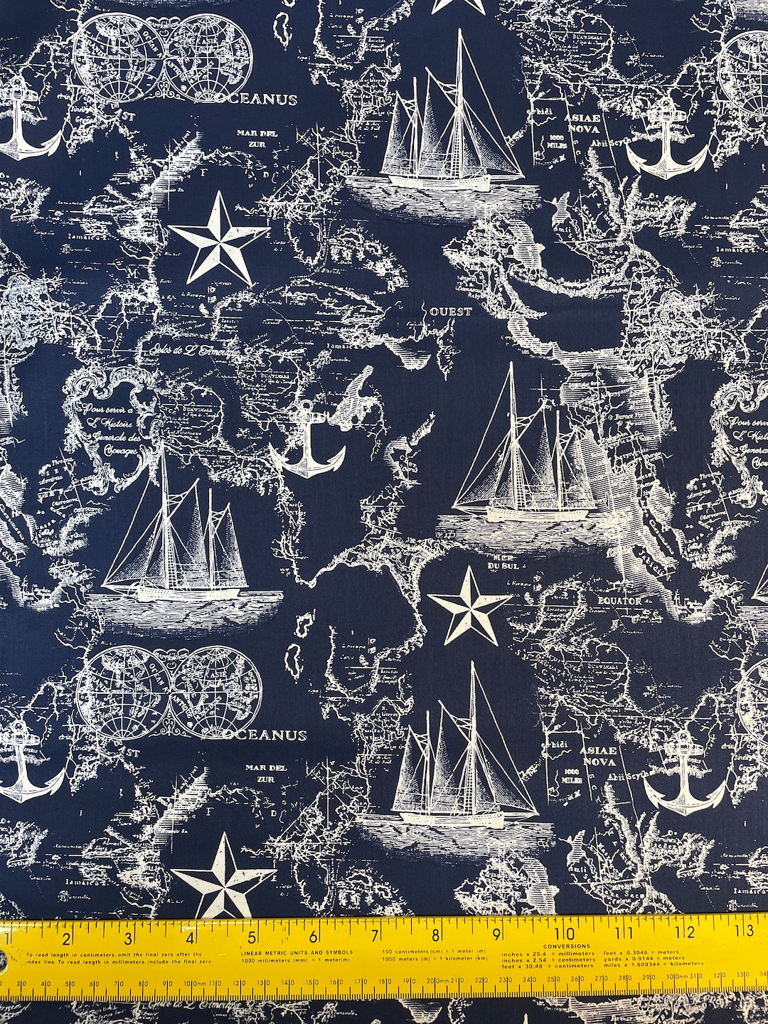Navy Nautical Map Fabric: Boats, Anchors, 100% Cotton - Etsy