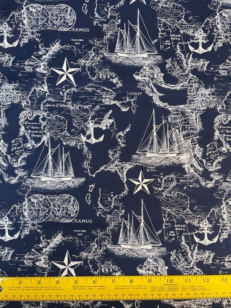 Navy Nautical Map Fabric: Boats, Anchors, 100% Cotton - Etsy