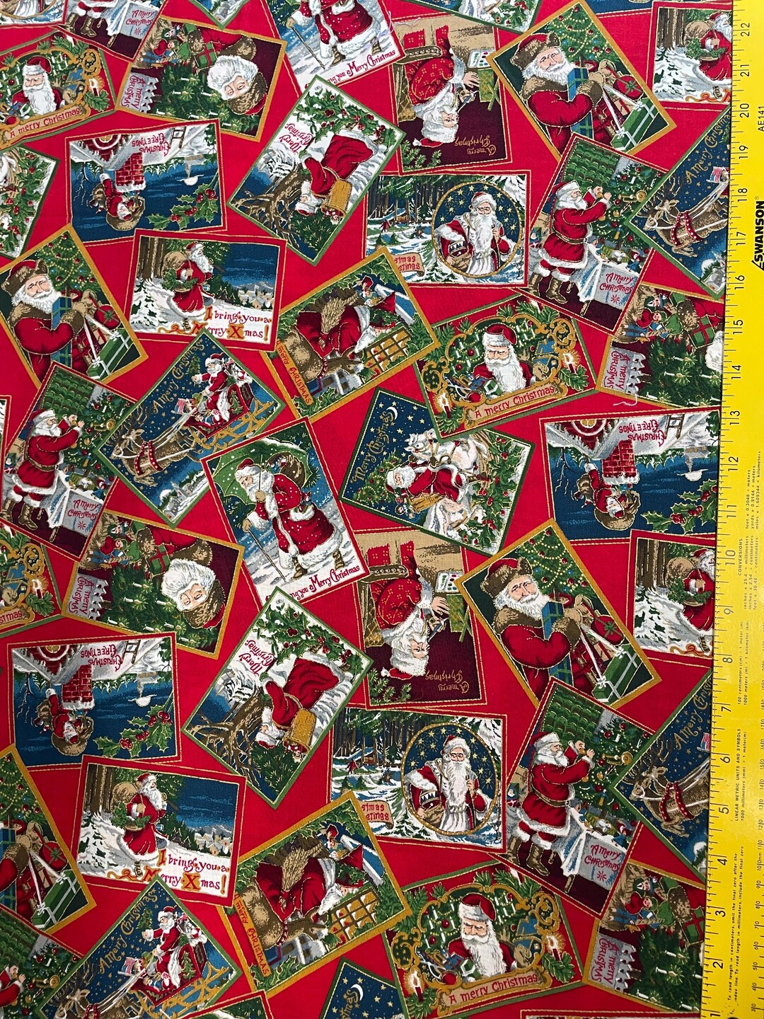Vintage Christmas Santa Postcard Fabric: Red & Gold Cotton Quilting ...