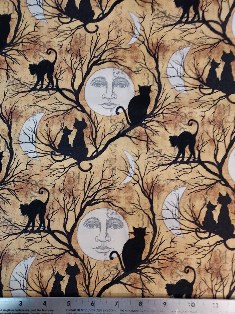 Susan Winget Halloween Cotton Fabric: Cat Silhouettes, Moon Print - Etsy