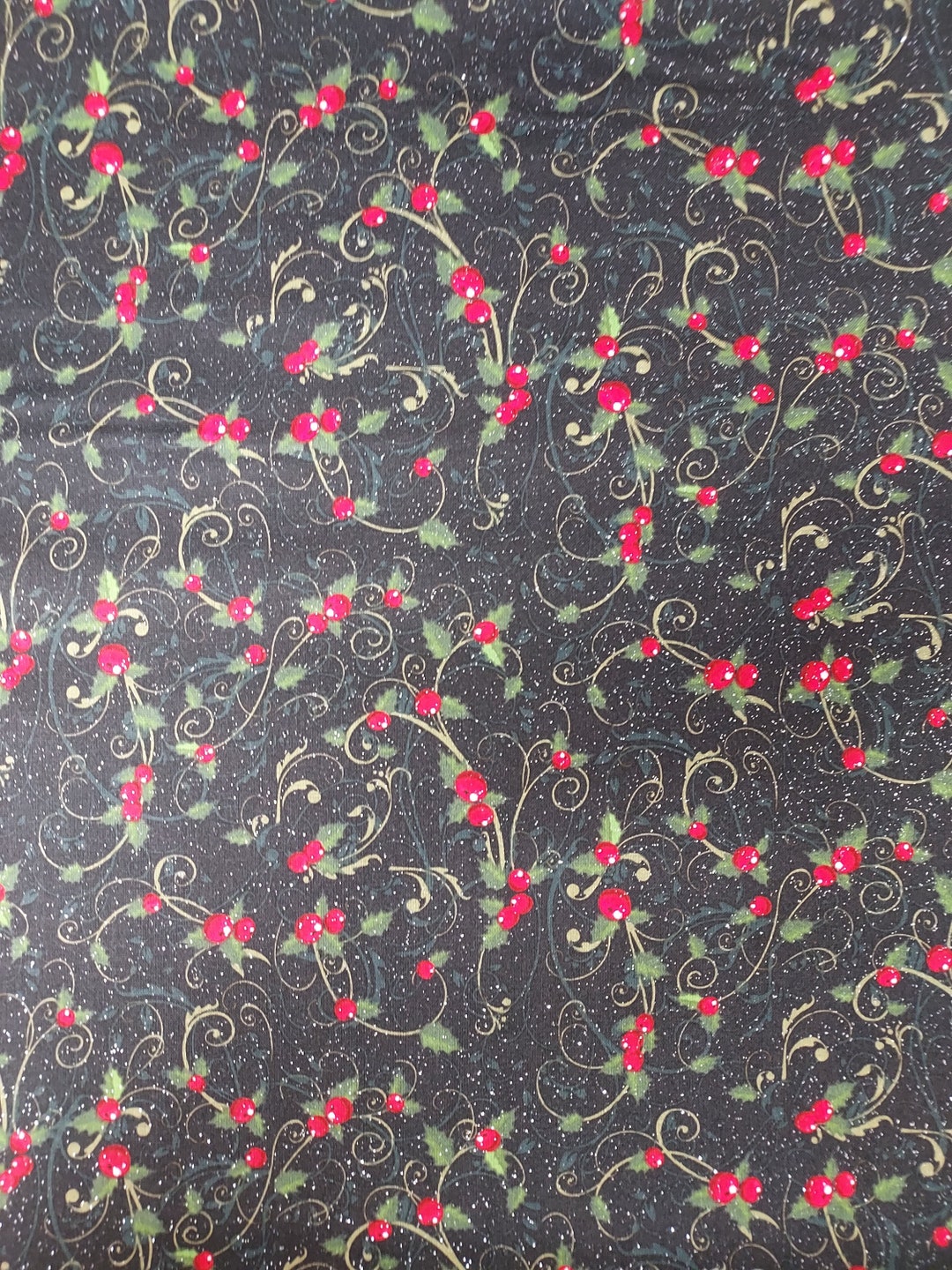 Christmas Print Holly Scroll Glitter Premium Fabric 100% Cotton for ...