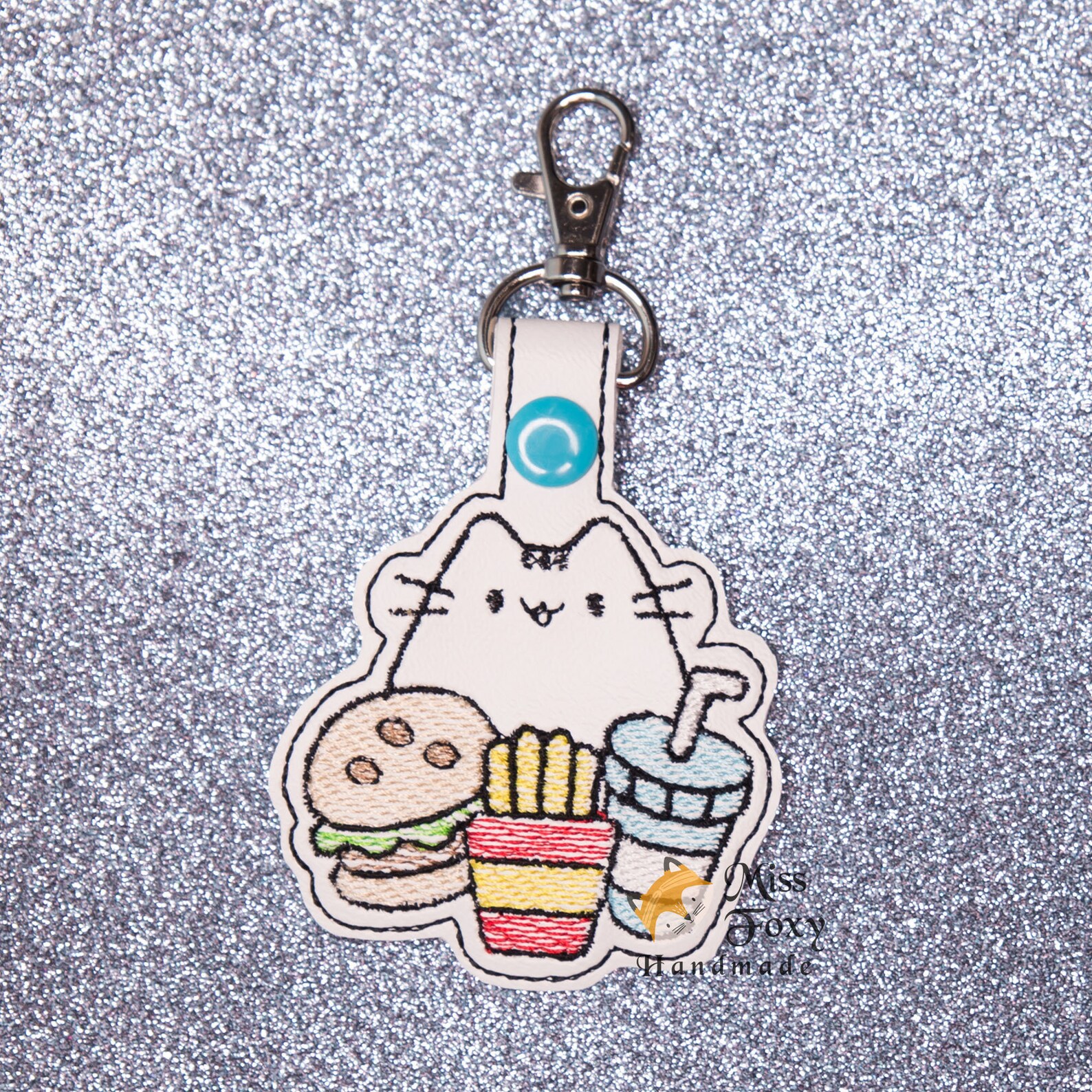 Cute Cat Food Burger Fries & Soda Vinyl Snap Tab Keychain | Key Fob ...