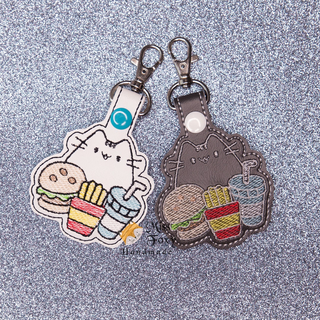 Cute Cat Food Burger Fries & Soda Vinyl Snap Tab Keychain | Key Fob ...