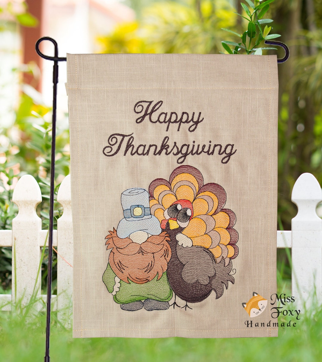 Pilgrim Gnome With Turkey Welcome Garden Flag Sign Embroidered House ...