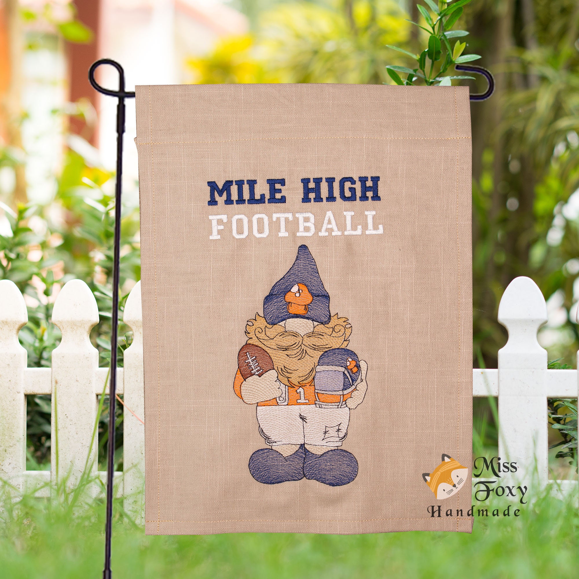 Football Gnome Mile High Football Welcome Garden Flag Sign Embroidered ...