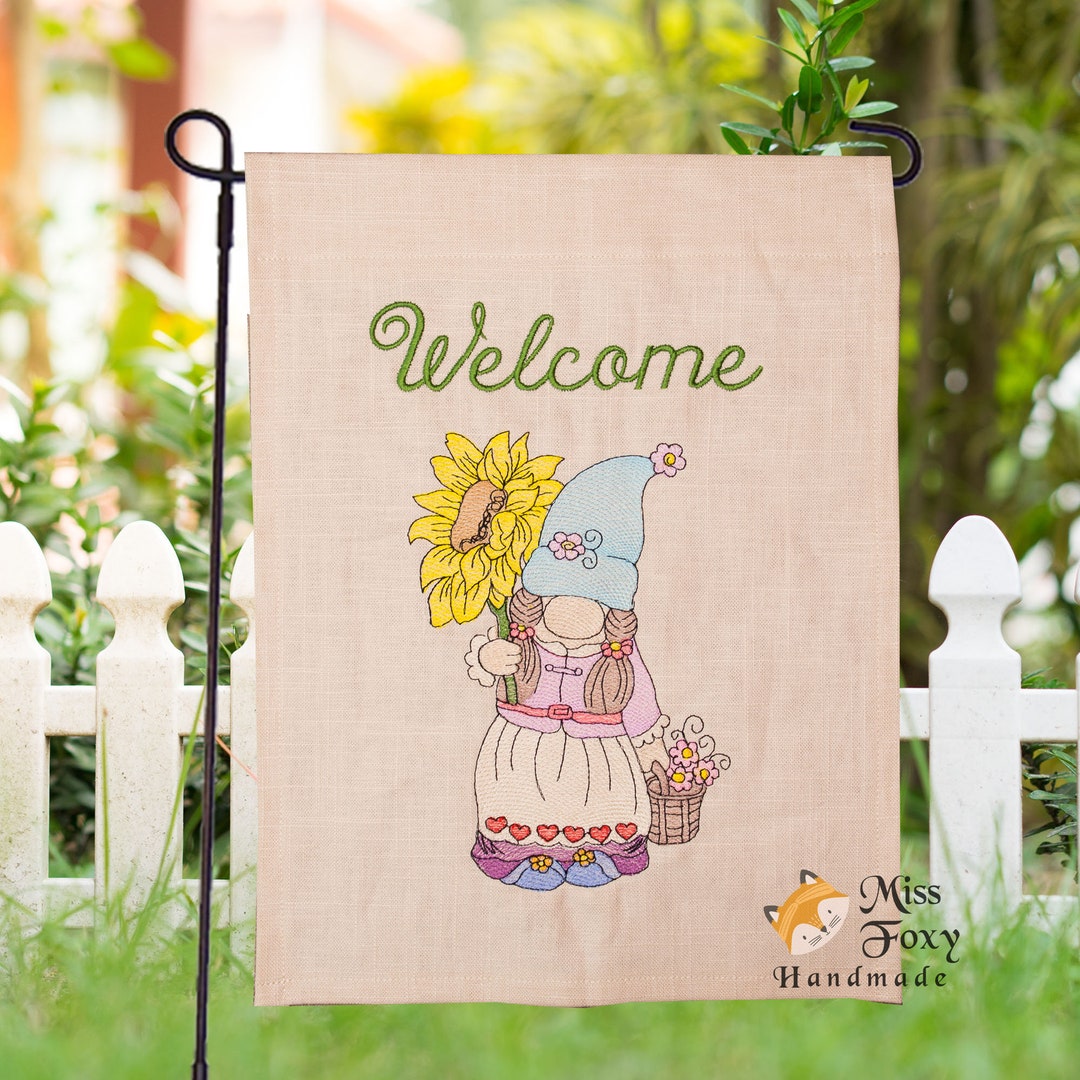 Sunflower Girl Gnome Welcome Garden Flag Sign Embroidered Honey Bee ...