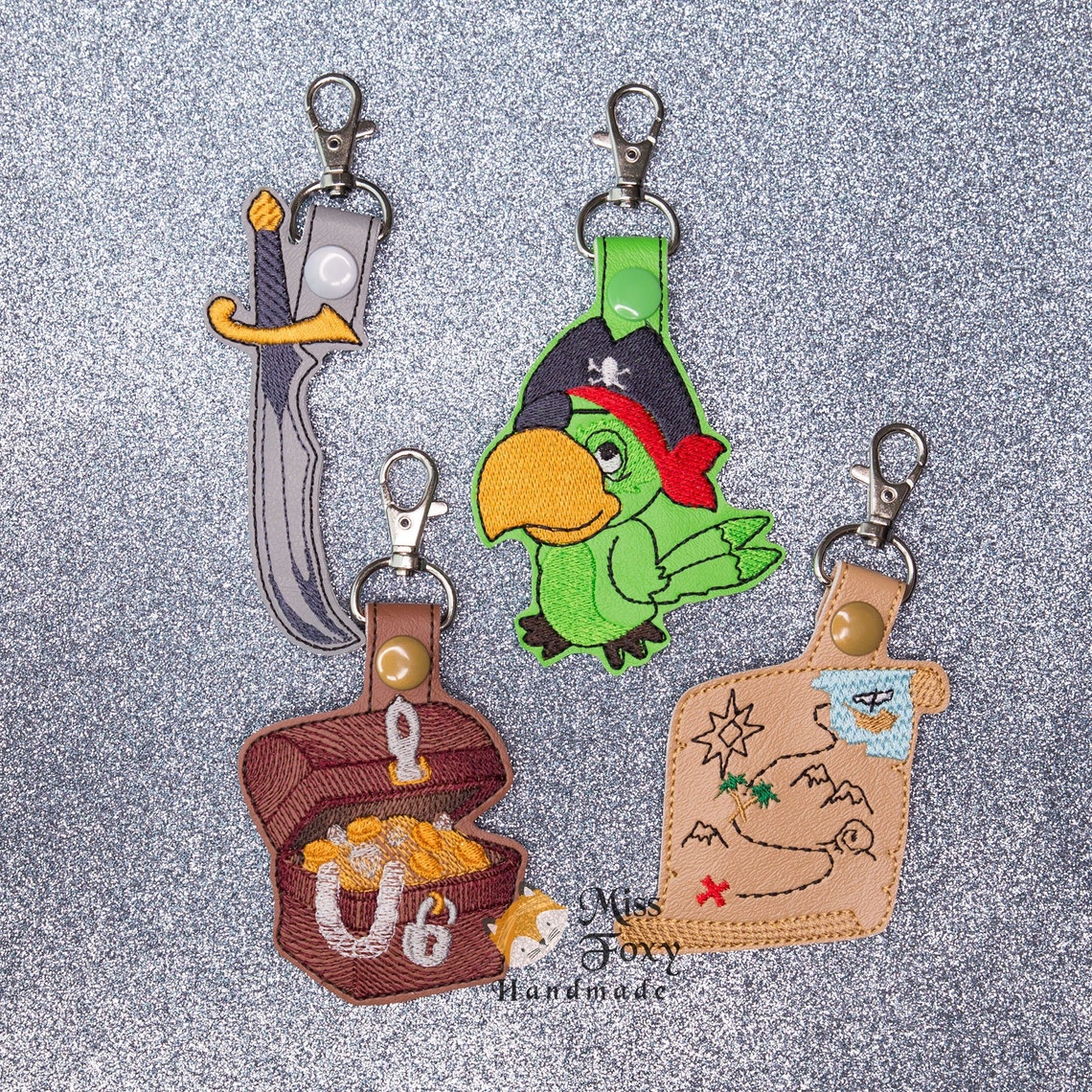 Pirate Theme Treasure Chest, Map, Cutlass & Parrot Vinyl Keychain | Key ...