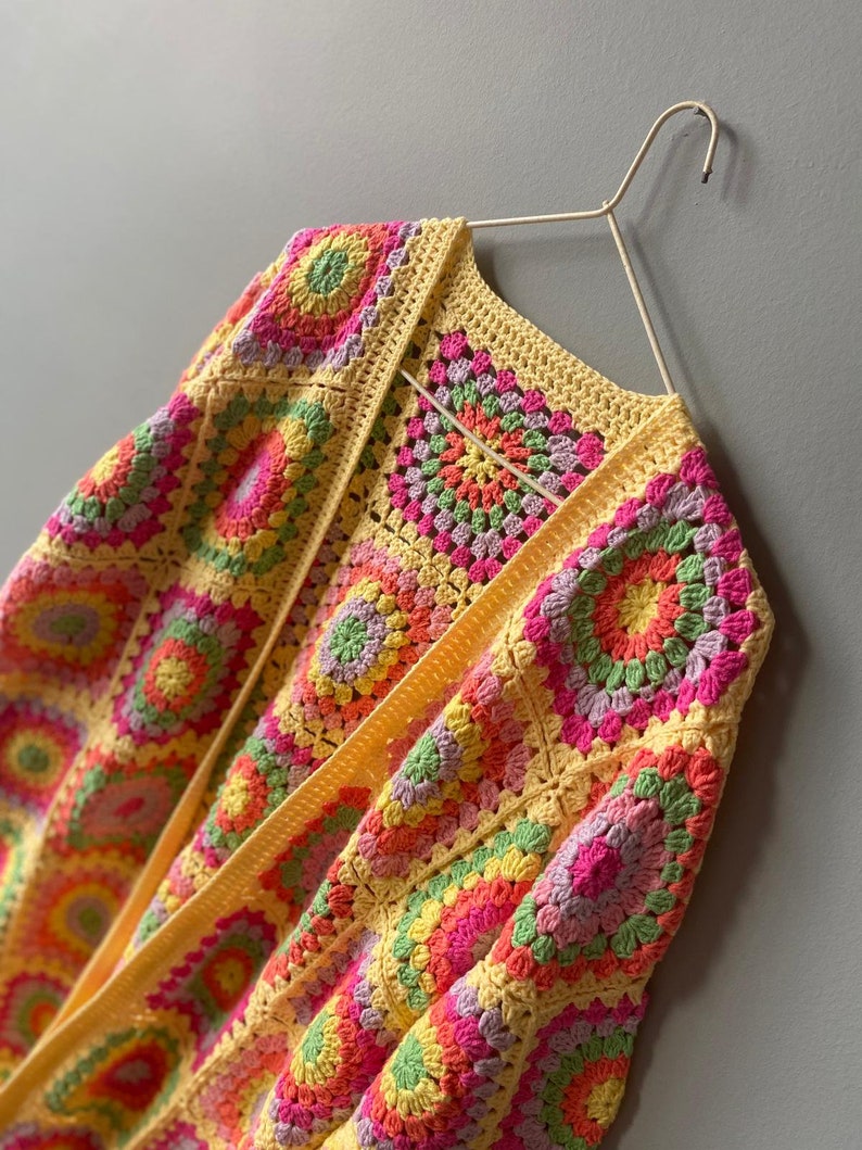 Yellow Granny Square Cardigan Colorful Knit Coat Pink Retro | Etsy
