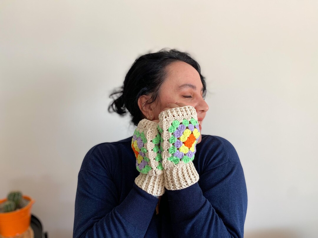 Cream Granny Square Fingerless Gloves, Crochet Accessories, Handmade ...