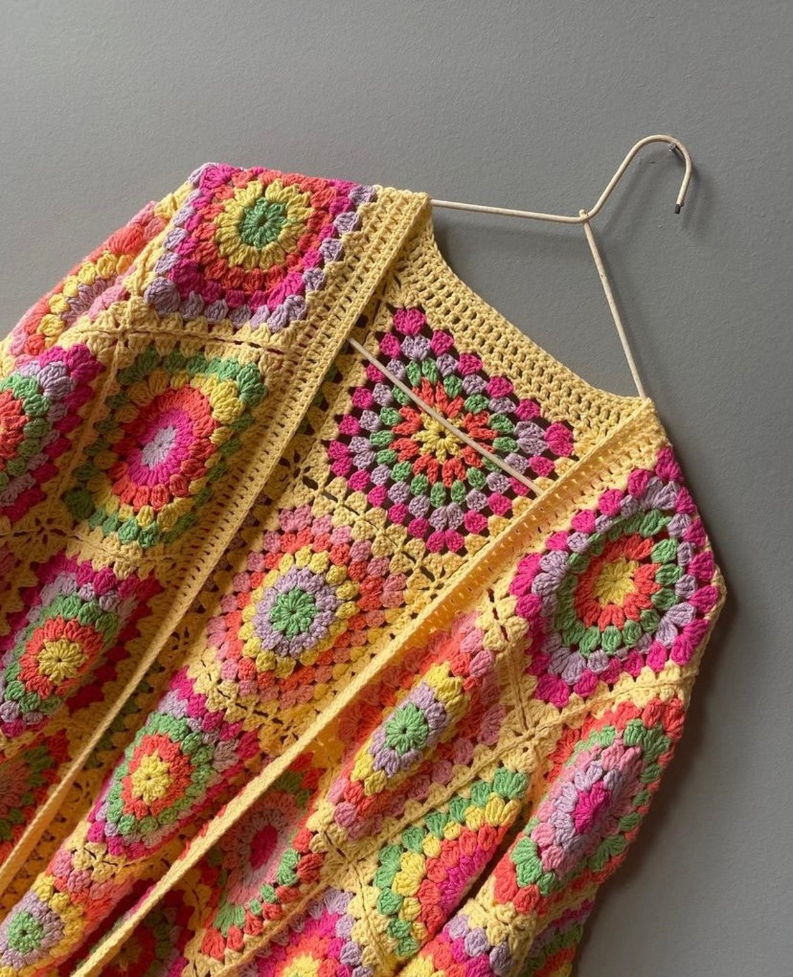 Yellow Granny Square Cardigan, Colorful Knit Coat, Pink Retro Jacket ...