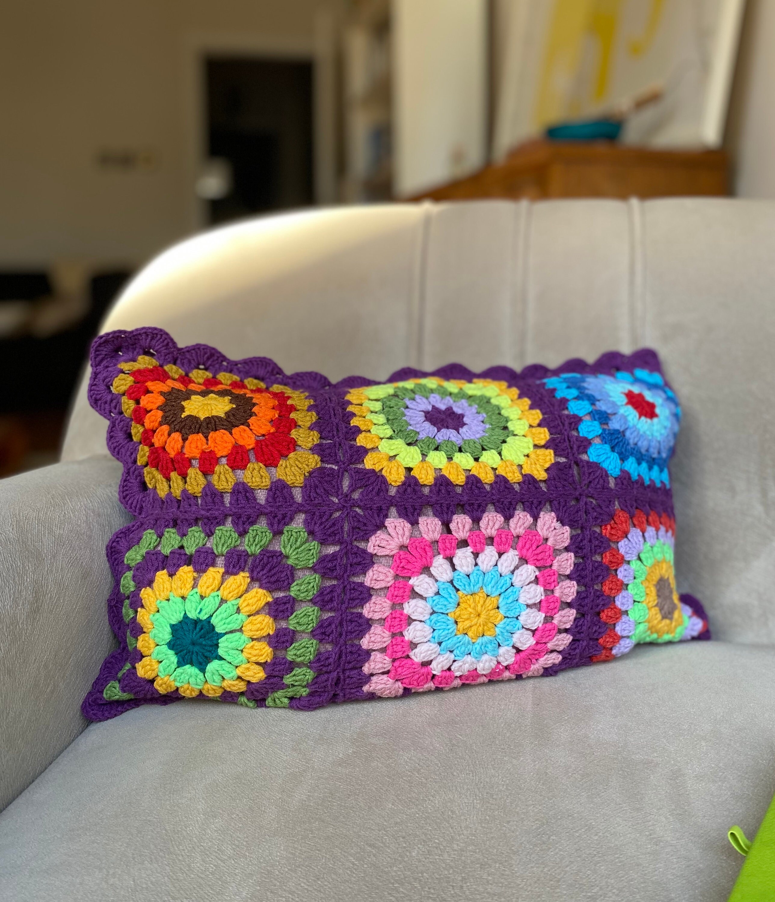 Purple Granny Square Pillow, Crochet Cover, Afghan Pillow Case ...