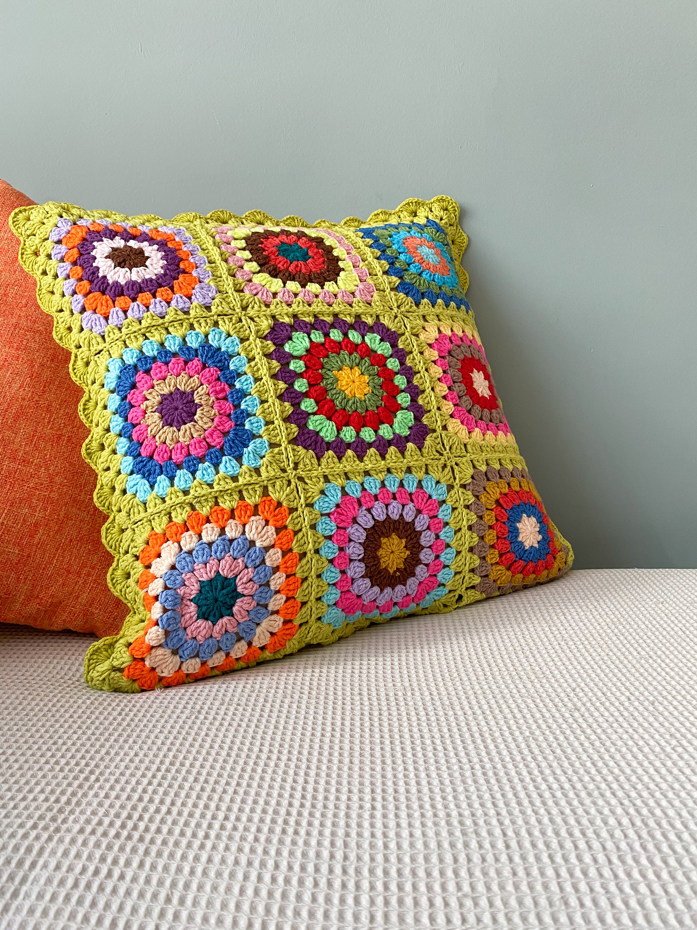 Fresh Green Granny Square Pillow, Crochet Cover, Afghan Pillow Case ...
