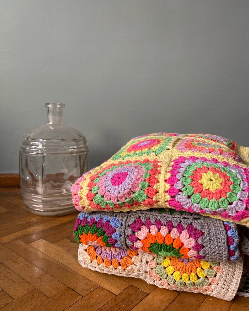 Yellow Granny Square Cardigan, Colorful Knit Coat, Pink Retro Jacket ...