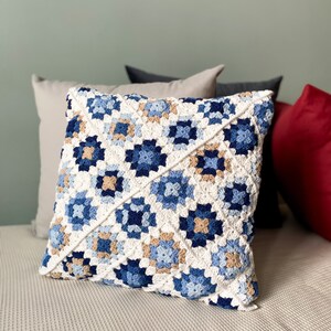 White Granny Square Pillow, Blue Crochet Boho Cover, Afghan Decorative ...
