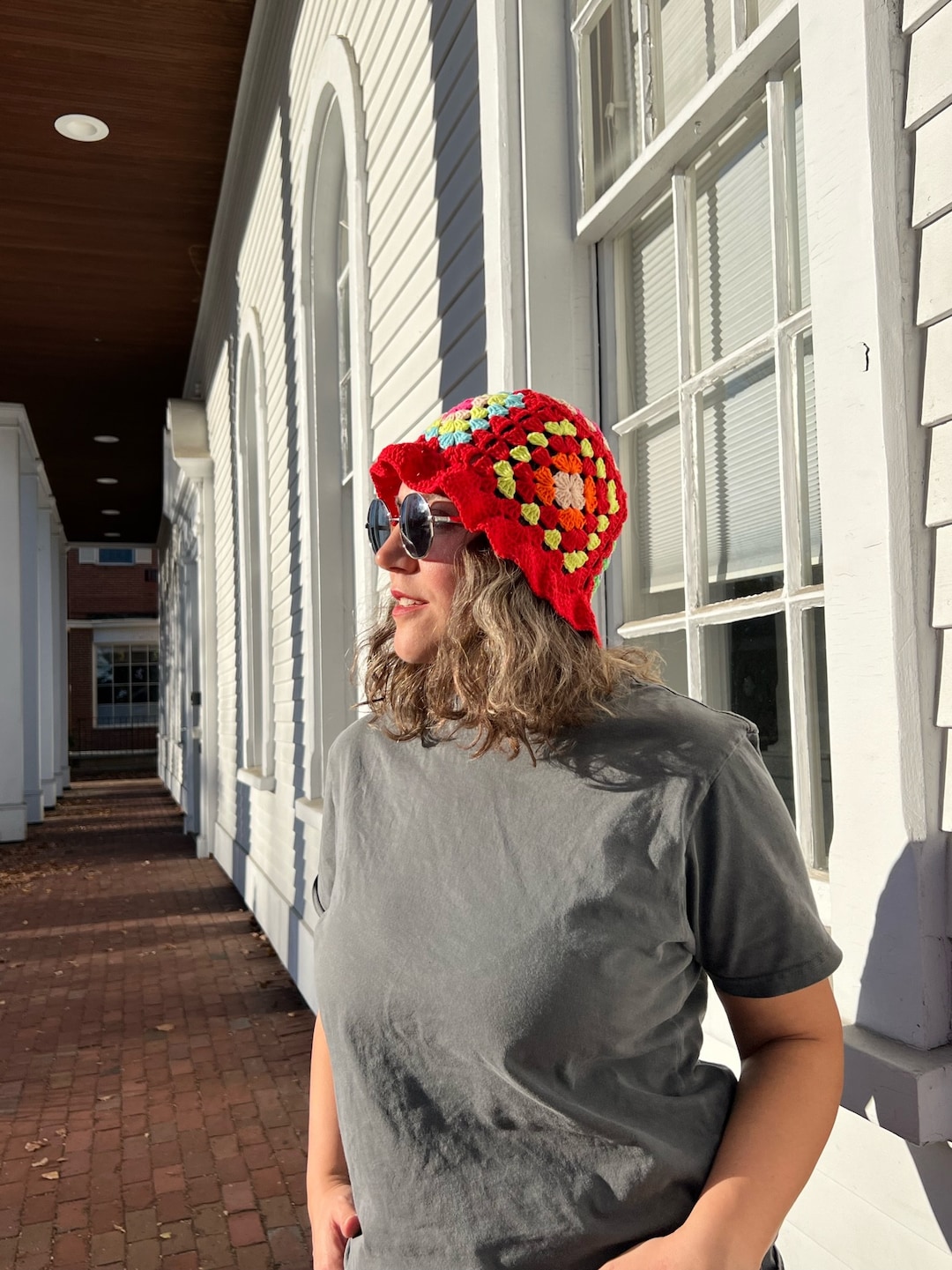 Red Granny Square Hat, Colorful Bucket Hat, Crochet Afghan Hat ...
