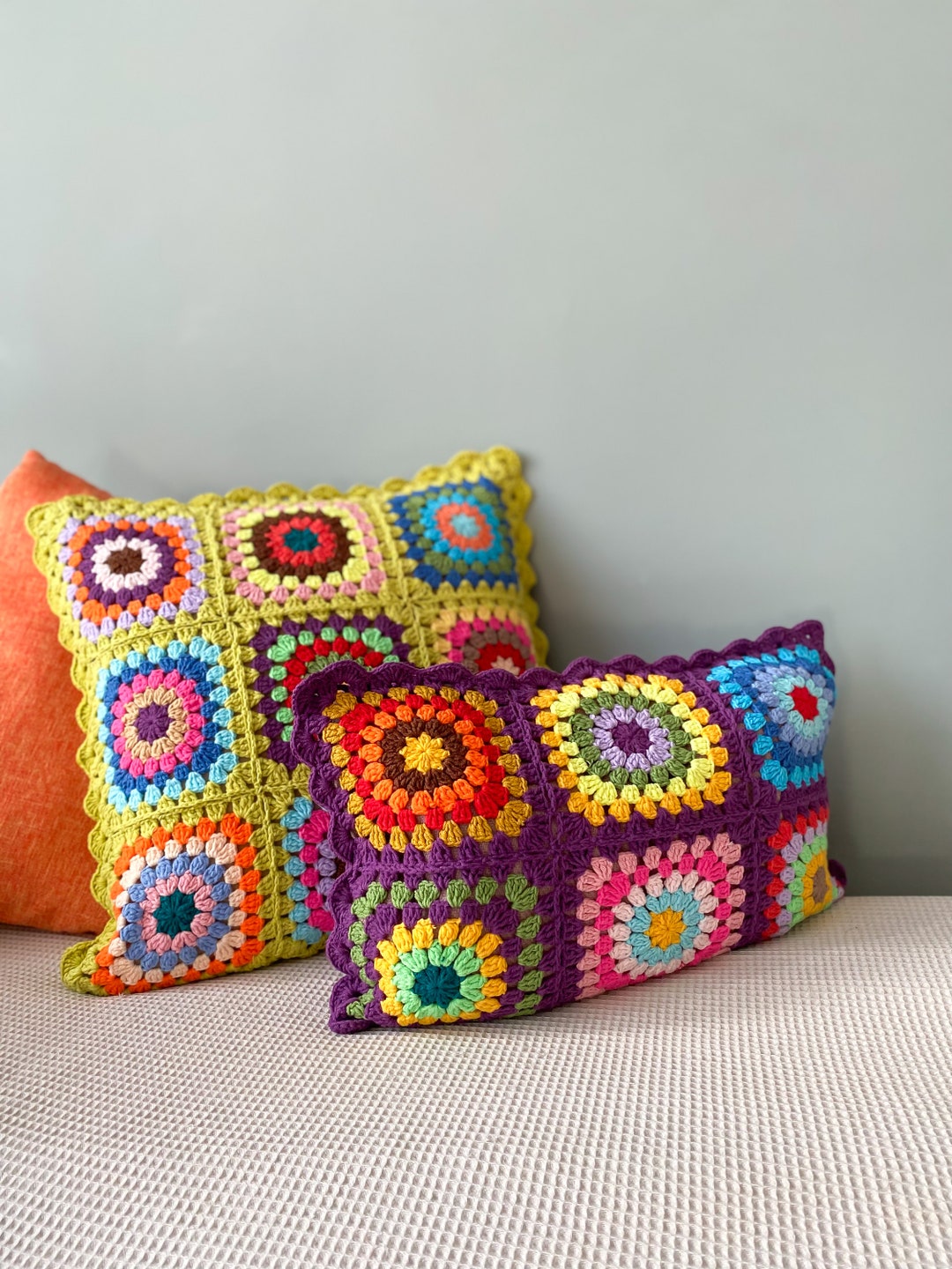 Purple Granny Square Pillow, Crochet Cover, Afghan Pillow Case ...