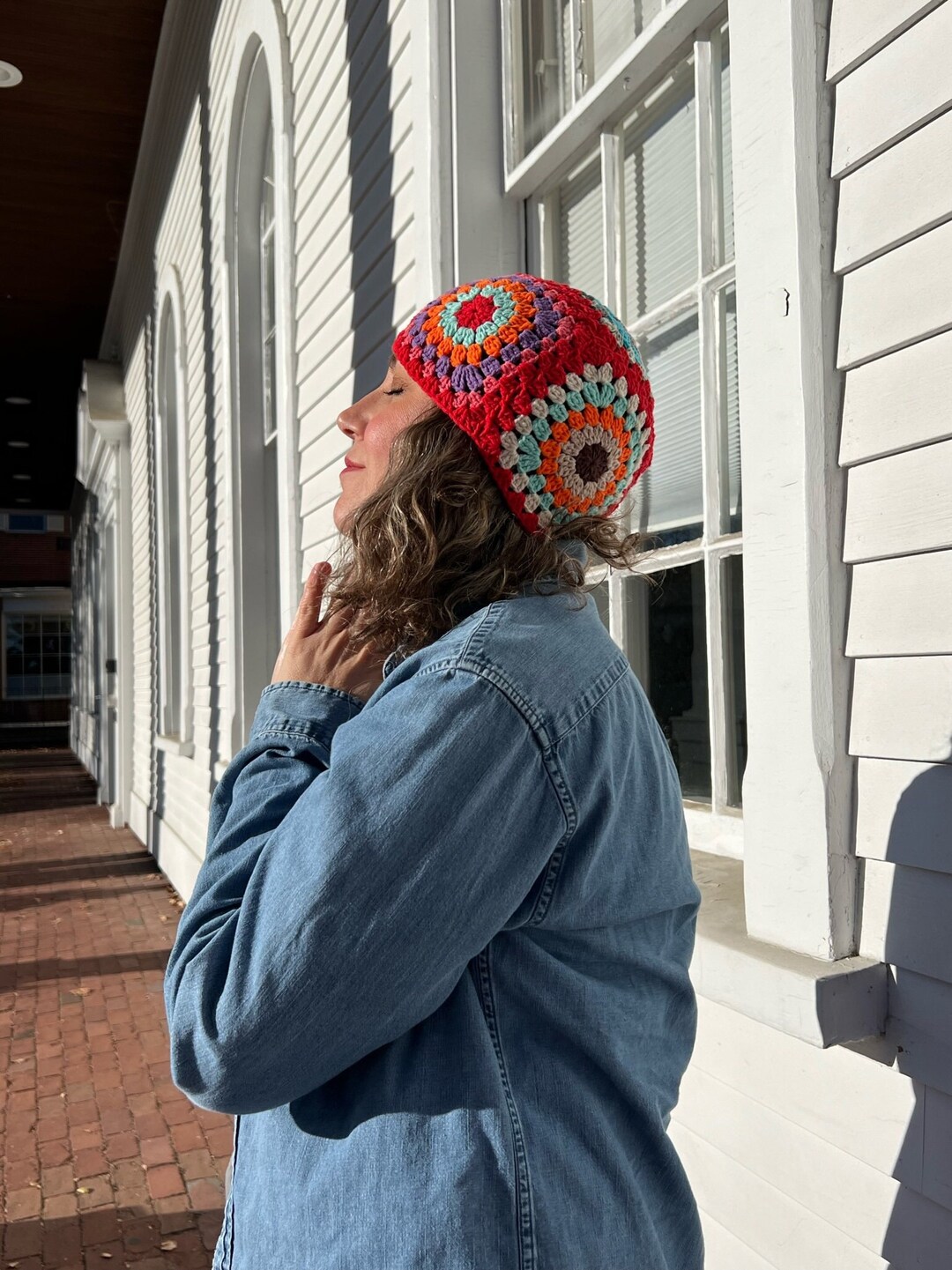 Red Crocheted Beanie, Granny Square Hat, Knitted Cap, Patchwork Hat ...