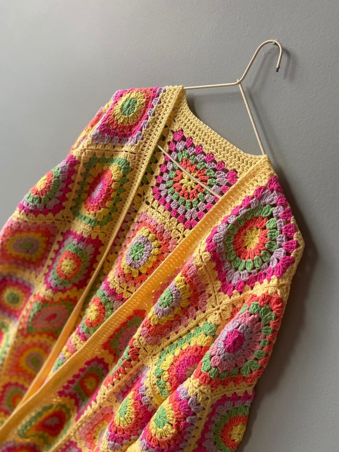 Yellow Granny Square Cardigan, Colorful Knit Coat, Pink Retro Jacket ...