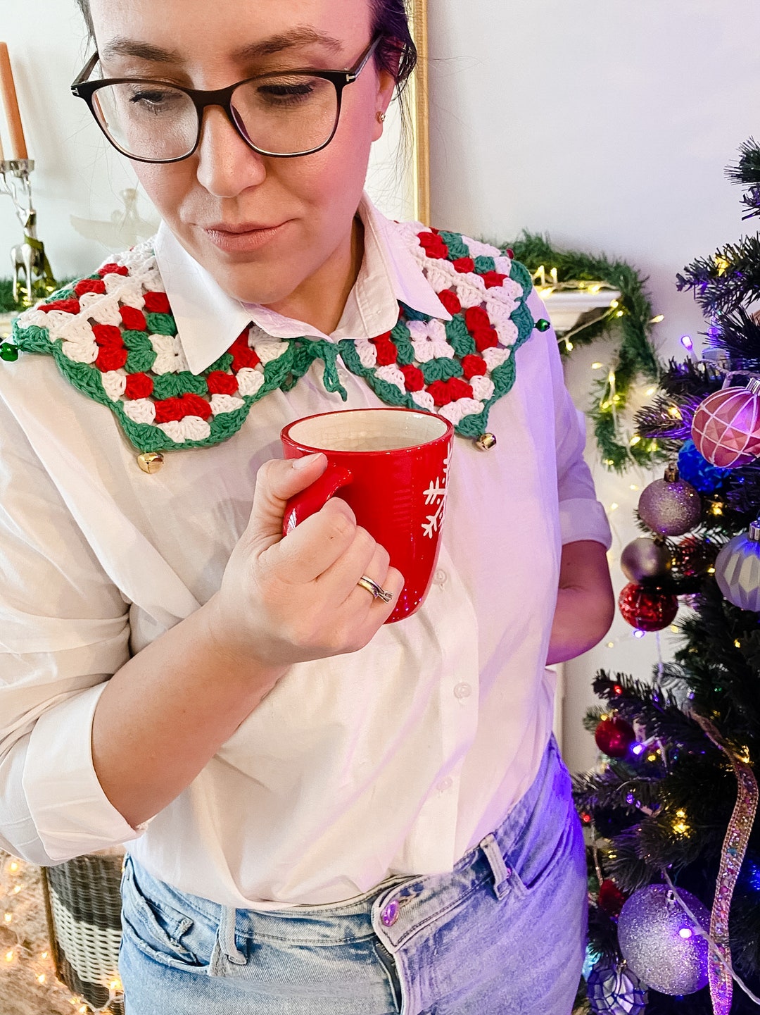 Green Christmas Crochet Collar, Granny Square Neck Accessories ...