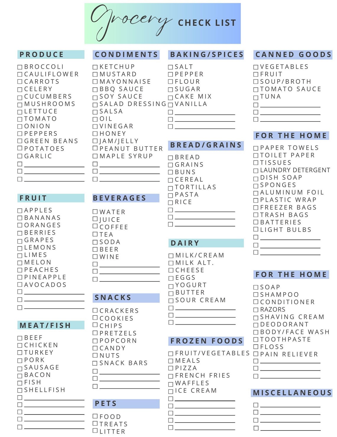 Grocery Checklist - Digital Download - PDF - Printable - Grocery ...