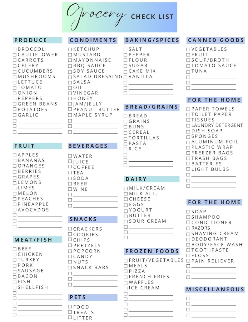 Weekly Grocery Checklist Printable PDF • Shopping List Template ...