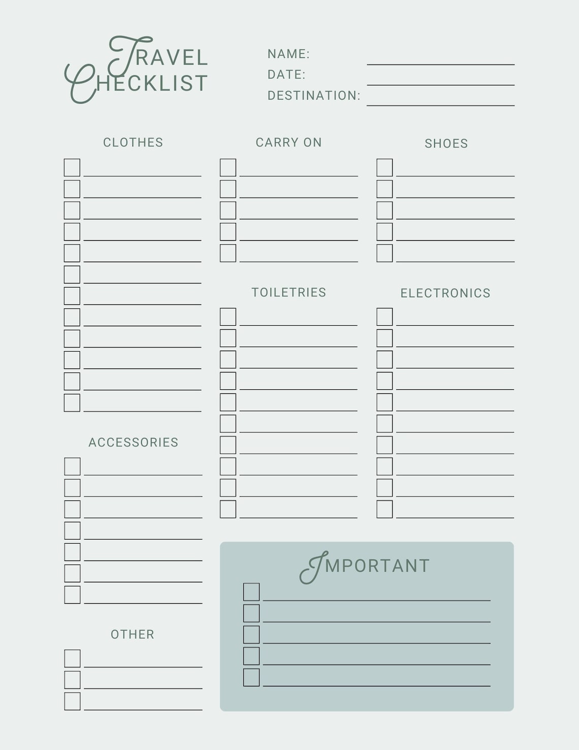 Travel Checklist - Digital Download - PDF - Printable - Packing ...