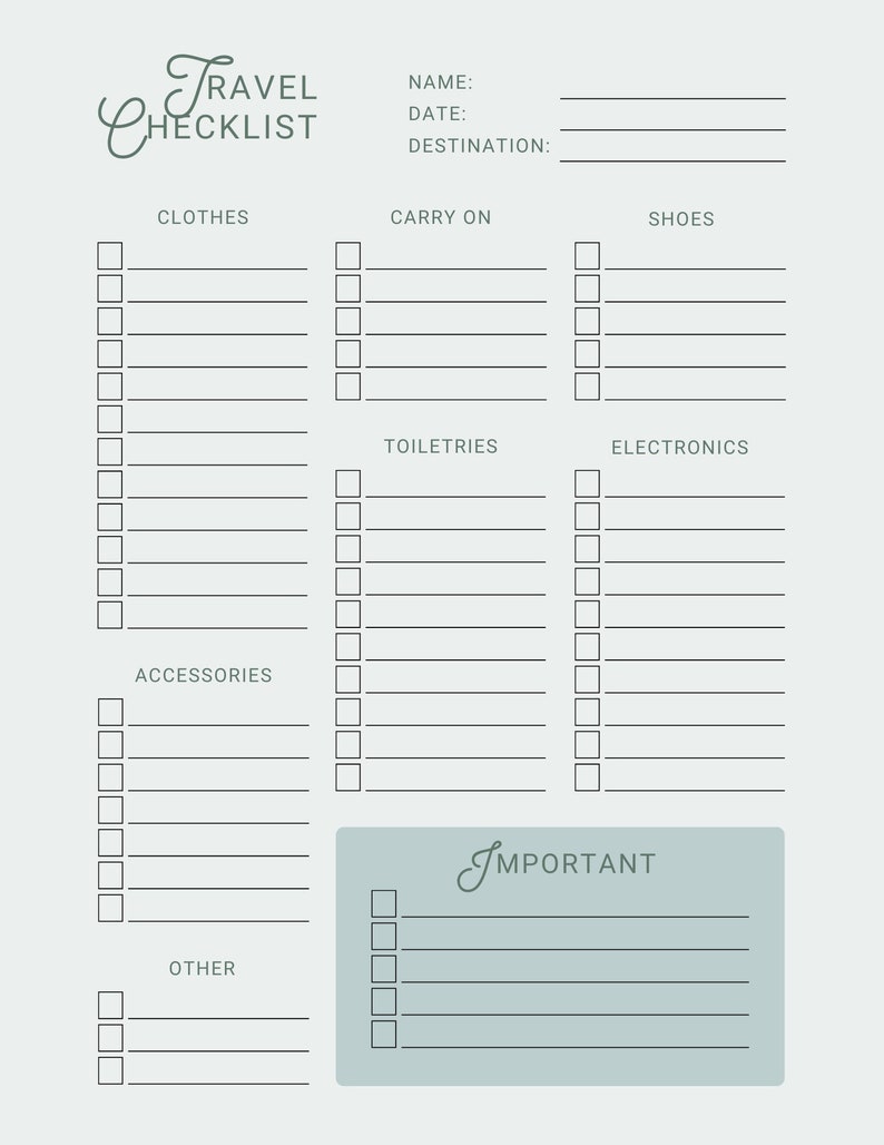 Travel Checklist - Digital Download - PDF - Printable - Packing ...