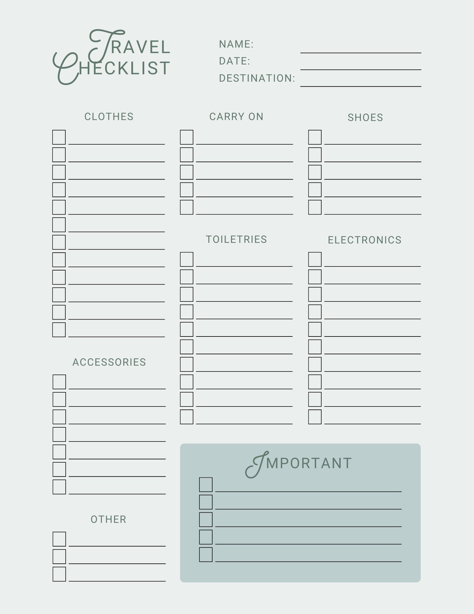 Travel Checklist - Digital Download - PDF - Printable - Packing ...