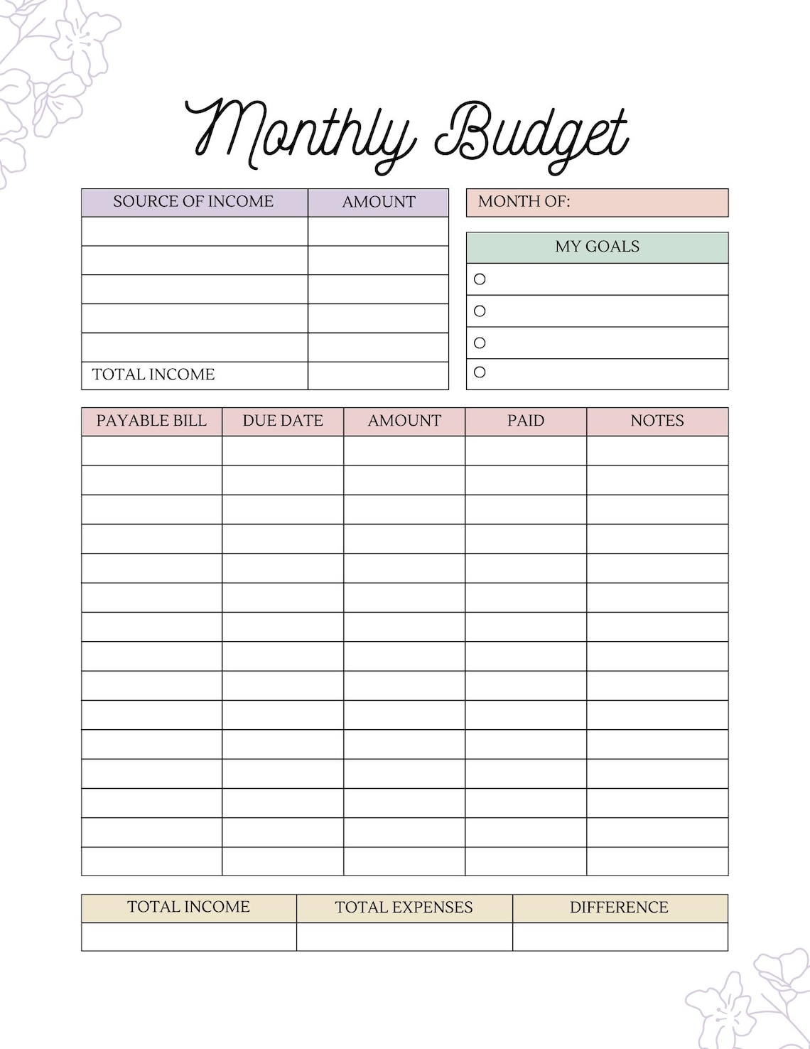 Monthly Budget Planner - Printable - Digital Template - Expense Tracker ...