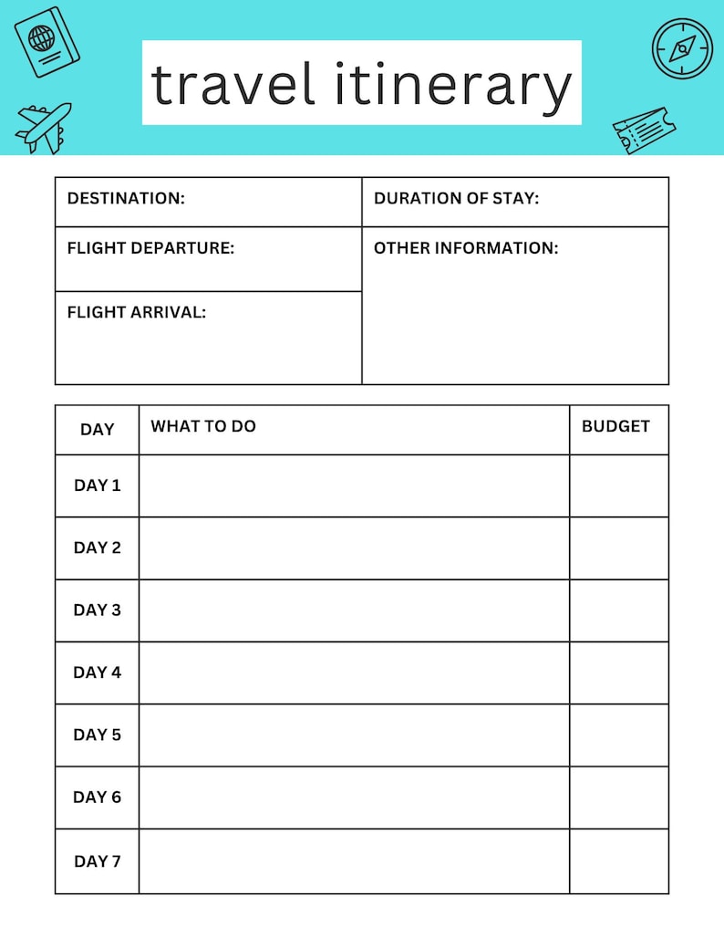Printable Travel Itinerary Template | Vacation Planner PDF | Trip ...