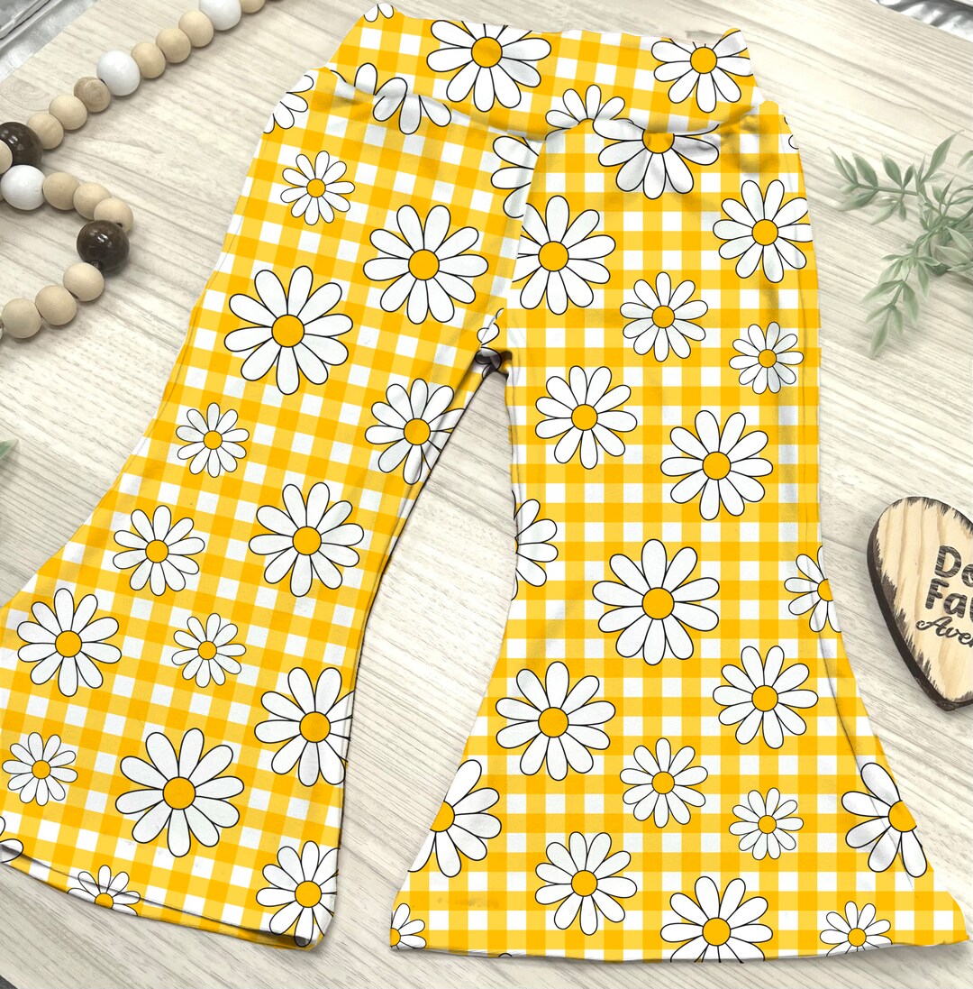 Daisy Flared Bell Bottoms Baby Girl Plaid Spring Outfit Yellow Bell ...