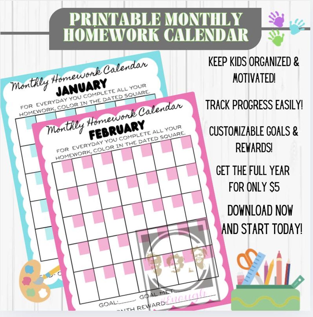 Printable Monthly Homework Calendar I Homework Tracker I Student ...