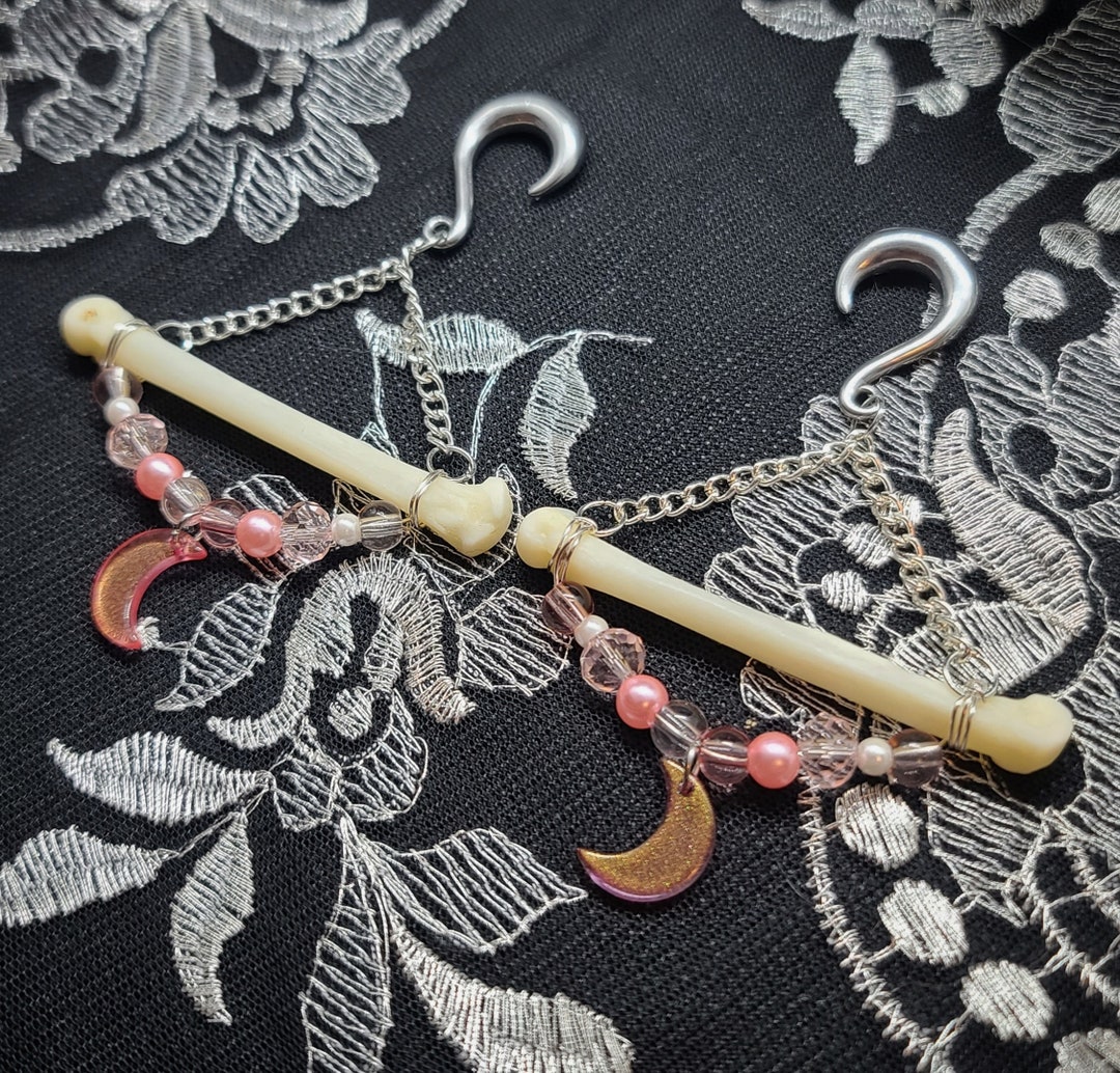 Pink Coyote Bone Beaded Moon Gauges 8mm/0g Ear Hangers/ Ear Weights ...