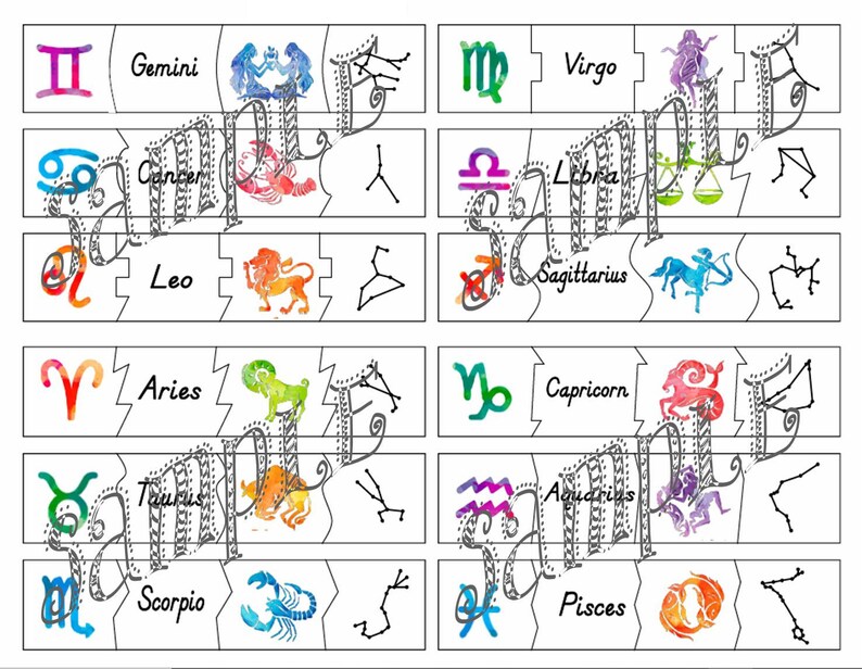 PRINTABLE Zodiac 4 Piece Jigsaw Printable. Zodiac Game, Matching Game ...