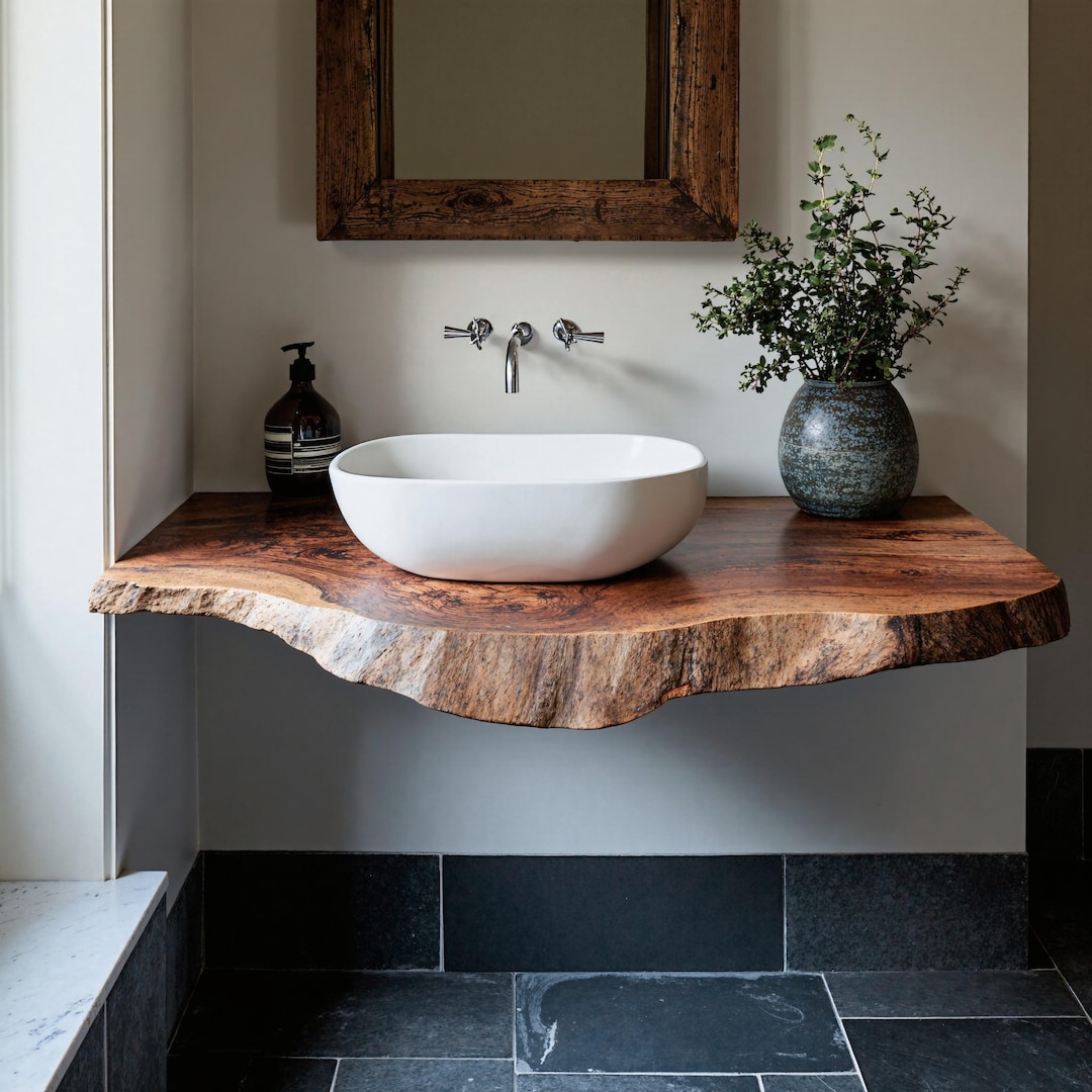 Rustic Live Edge Bathroom Vanity Handcrafted Floating Vanity Desk Shelf ...