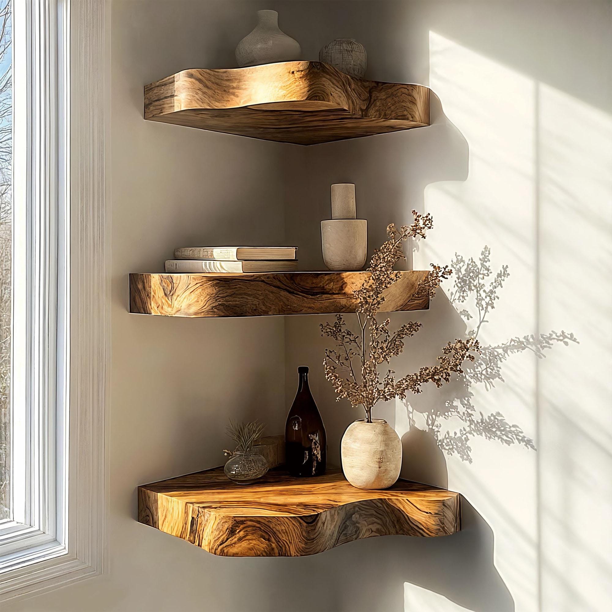 Farmhouse Floating Corner Shelf Live Edge Floating Shelf Corner Wall ...