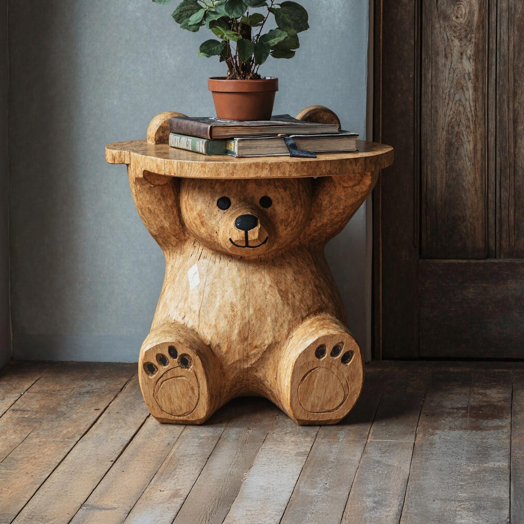 Farmhouse Wooden Bear End Table Live Edge End Table Handcrafted Round ...