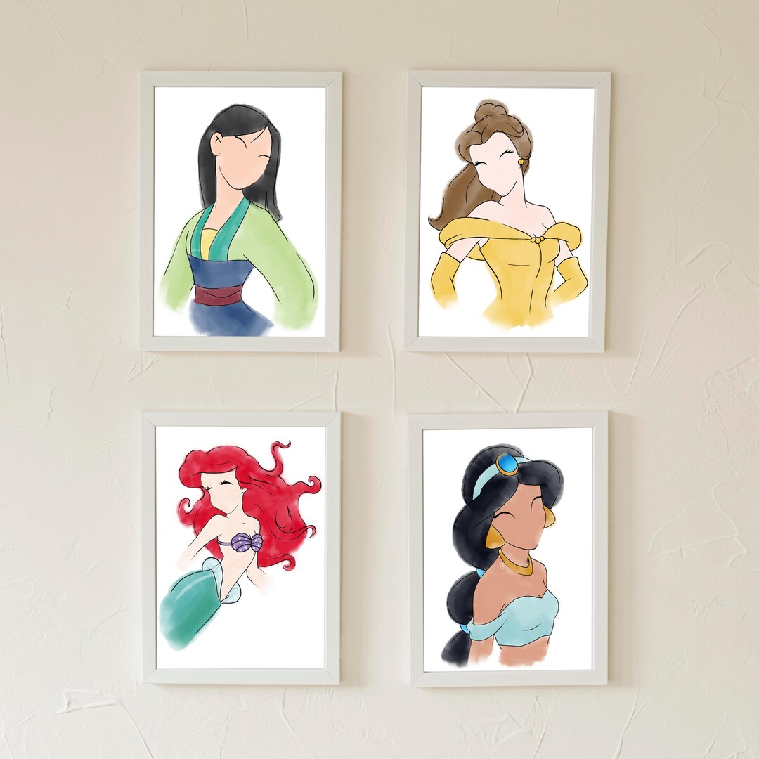 Princesses, Set of 4, Mulan/belle/ariel/jasmine, Fantasy Baby Girl Wall ...