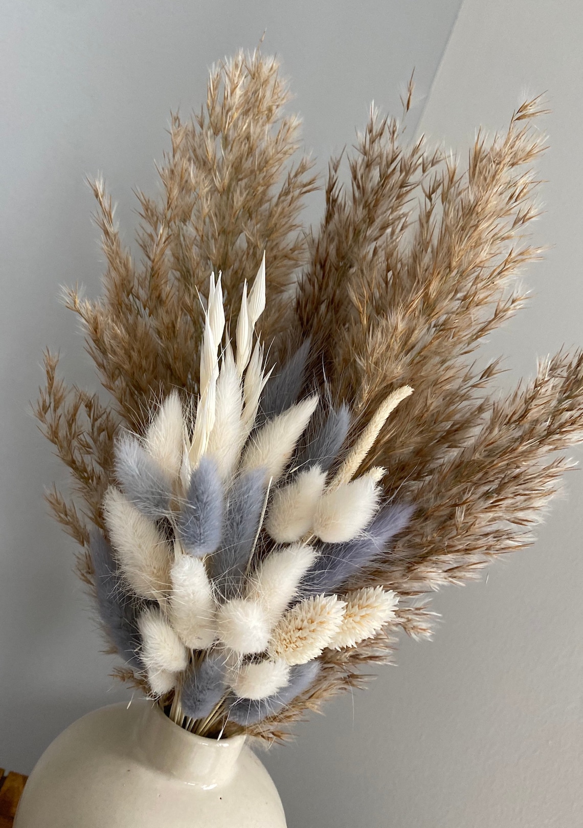 A Delicate Grey and Bleached White Dried Flower Arrangement With Pampas ...
