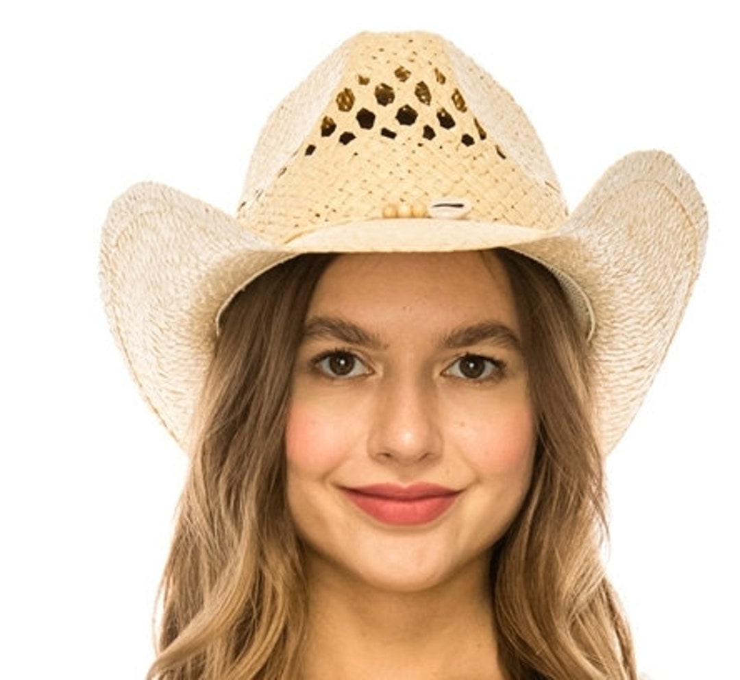 Handwoven Straw Cowboy Hat With Trim Made of Cowrie Shells, Wood Beads ...